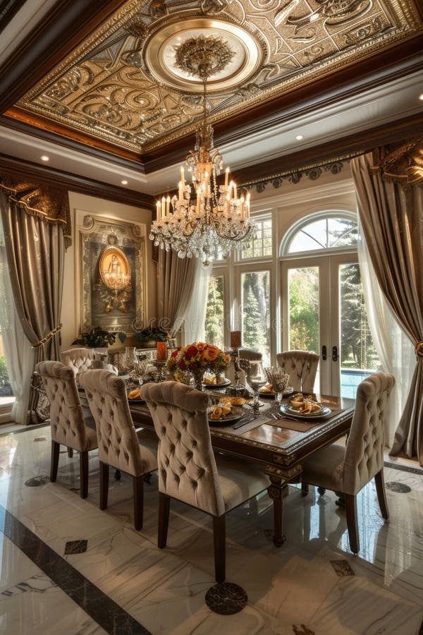 Luxurious Dining Room Interior with Ornate Ceiling and Elegant Table ...