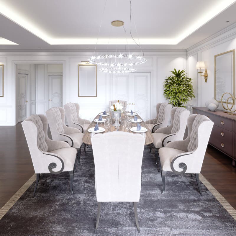 Luxurious Dining Room with a Large Table and Soft Chairs in a Classic ...
