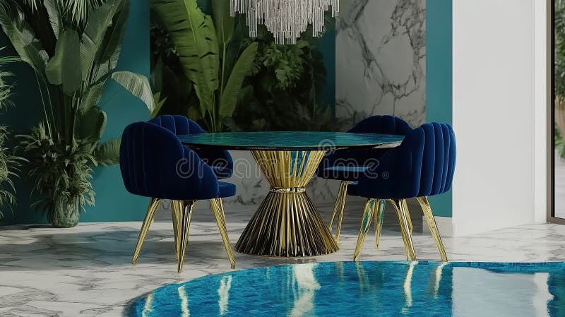 Luxurious Dining Set by Pool, Tropical Backdrop, Interior Design Stock ...
