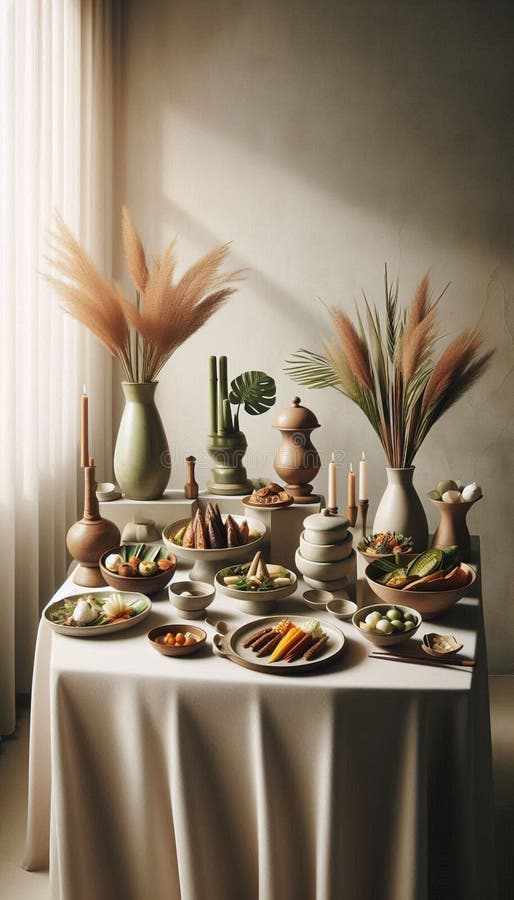 Luxurious Dining Table with Muted Green Ceramic Tableware, Neutral ...