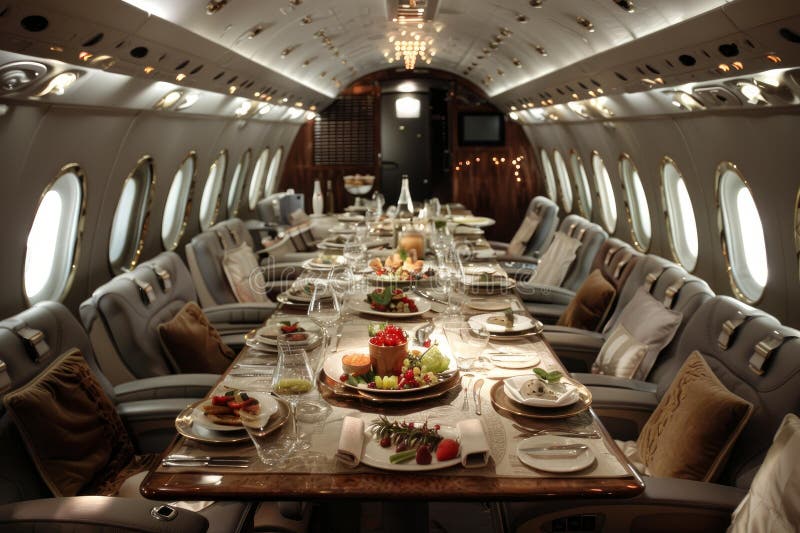 Luxurious Dinner Table Being Prepared for Passengers Inside a Private Jet Stock Illustration ...