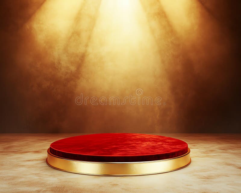 A Luxurious Display Podium Illuminated by Golden Lights and a Rich Red ...