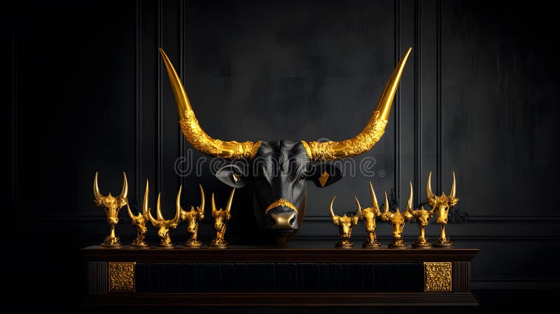 Luxurious Display of Steer Horns Adorned with Gold Against Dark ...