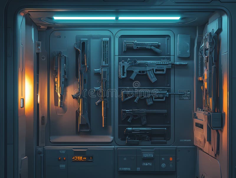 Luxurious Display of Weapons in a Modern Blue-lit Vault Stock ...