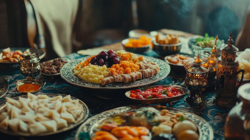 A Luxurious and Diverse Food Table Setting Stock Illustration ...