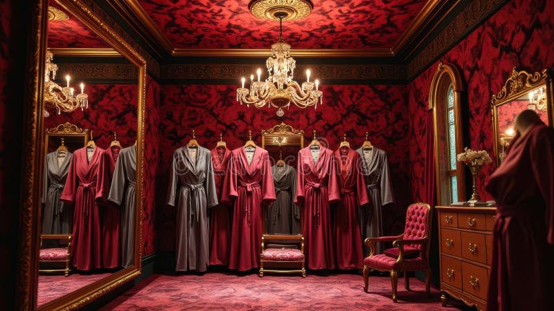Luxurious Dressing Room with Red and Gray Robes and Elegant Chandelier ...