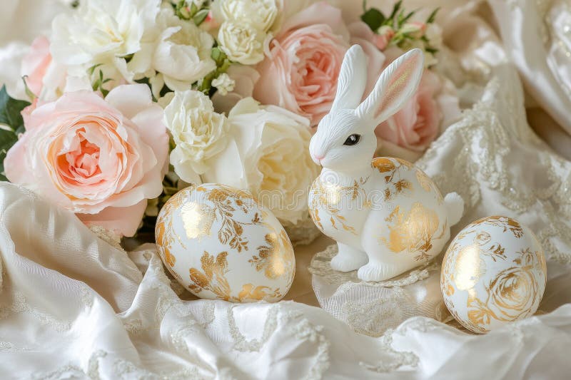A Luxurious Easter Bunny Scene Featuring Elegant, Gold-foil Patterned ...