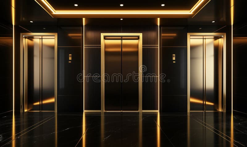 Luxurious Elevator Lobby with Golden Accents and Modern Design Features ...