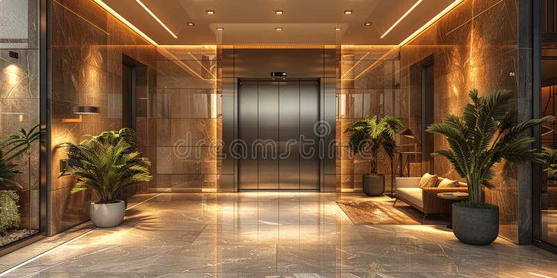 Luxurious Elevator Lobby with Plants Stock Photo - Image of highend ...