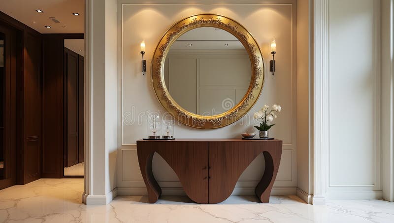 A Luxurious Entryway with a Large Round Mirror, a Console Table, and ...