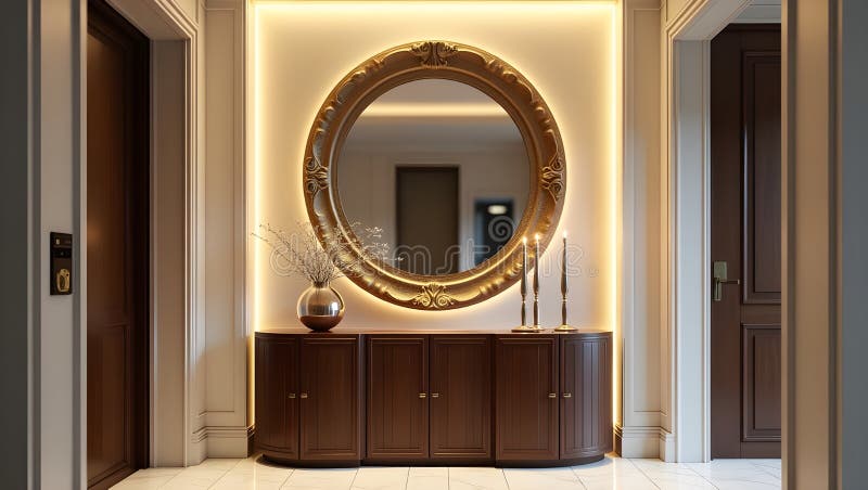 A Luxurious Entryway with a Large Round Mirror, a Console Table, and ...