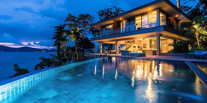 Luxurious Evening View of Modern Waterfront Villa with Infinity Pool ...