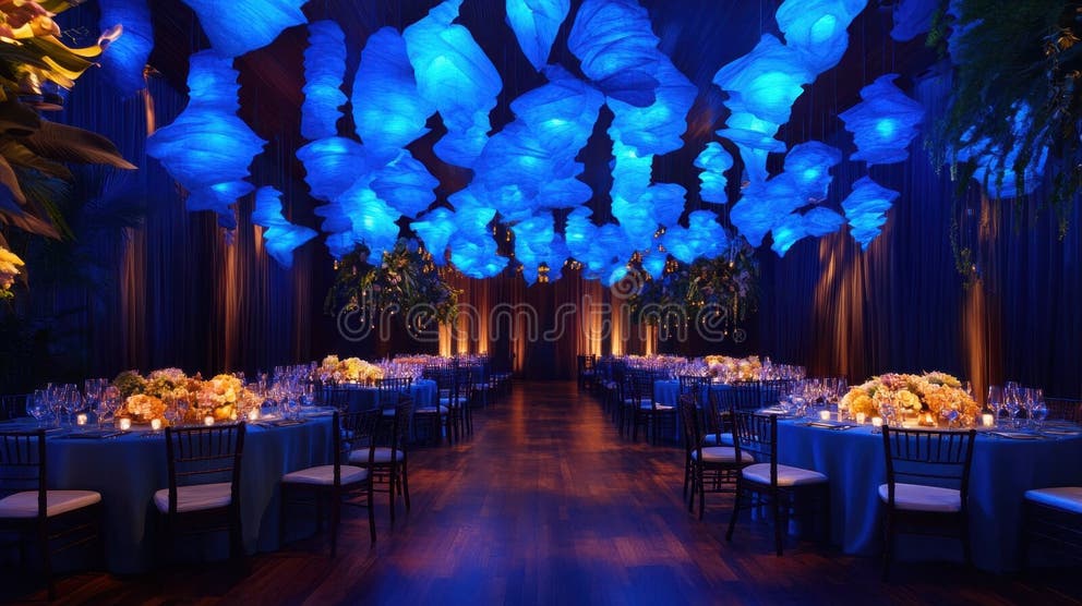 A Luxurious Event Setting with Deep Blue Lighting and Floating, Cloud ...