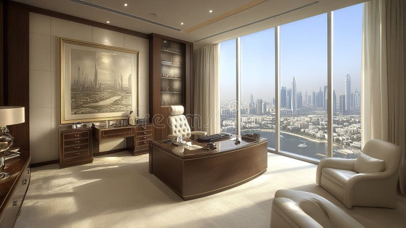 Luxurious Executive Office with Panoramic City View Stock Illustration ...