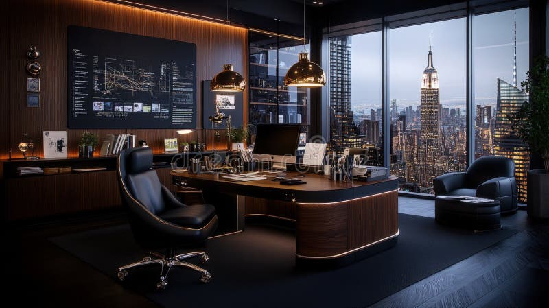 A Luxurious Executive Office with Rich Wood Decor, Ambient Lighting ...