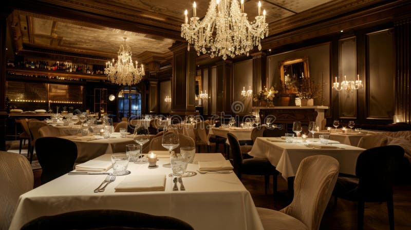 Elegant Fine Dining Restaurant Interior with Chandeliers in Evening ...