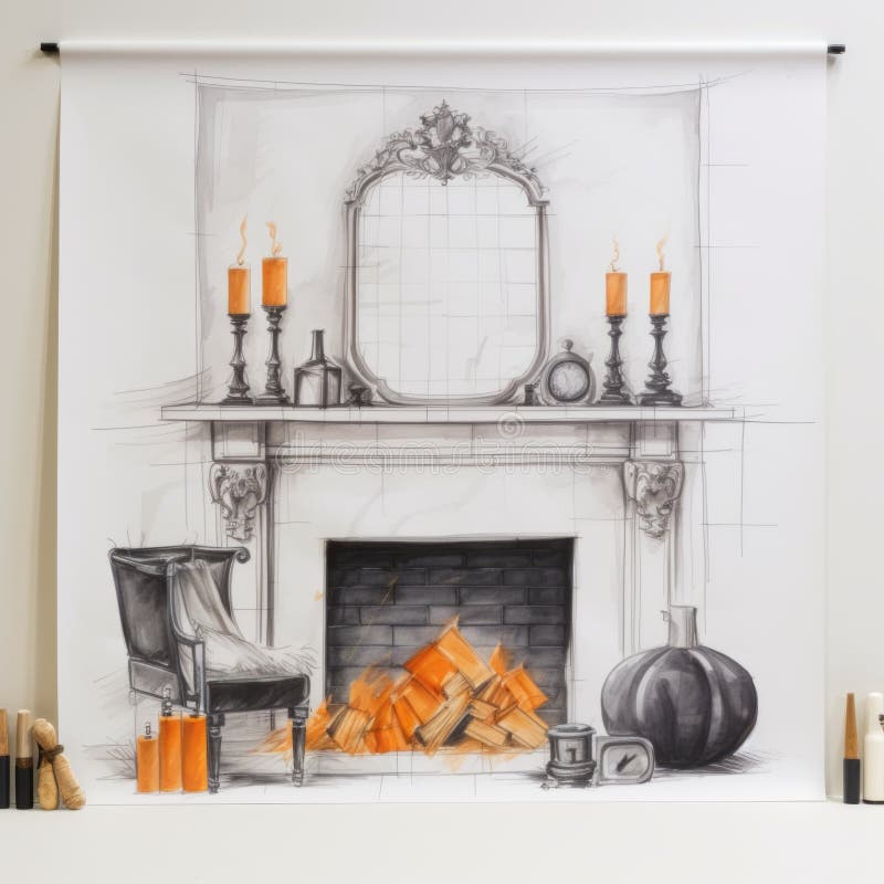 Luxurious Fireplace Drawing with Pumpkins and Candles for Halloween ...