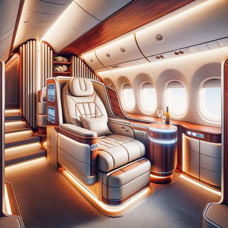Luxurious First-class Airplane Cabin Interior with Spacious Leather ...