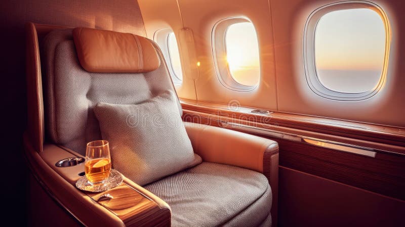 Luxurious First-class Airplane Seat with a Refreshing Drink and ...