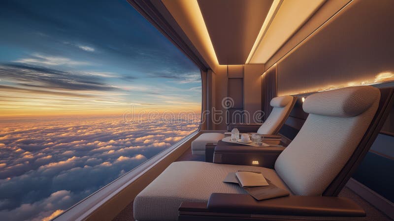 Luxurious First-class Cabin with Reclining Seats, Ambient Lighting ...