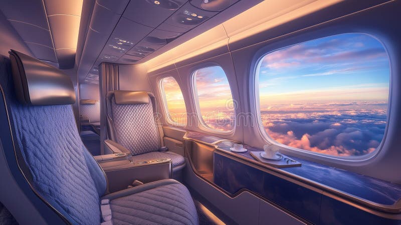 Luxurious First-class Cabin with Reclining Seats, Ambient Lighting ...