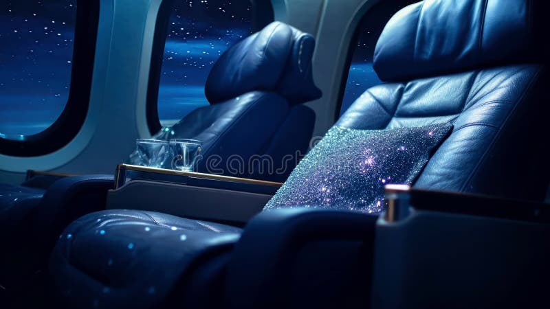 Luxurious First Class Interior of Private Jet at Night Flying High ...