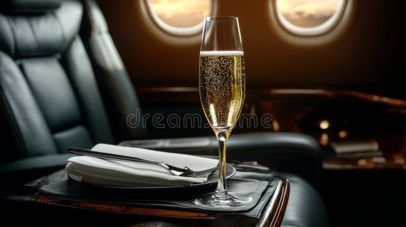 Luxurious in-flight Meal with Champagne in Private Jet Cabin Stock ...