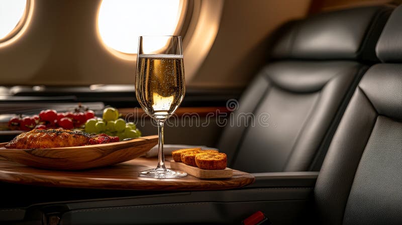 Luxurious in-flight Meal with Champagne in Private Jet Cabin Stock ...