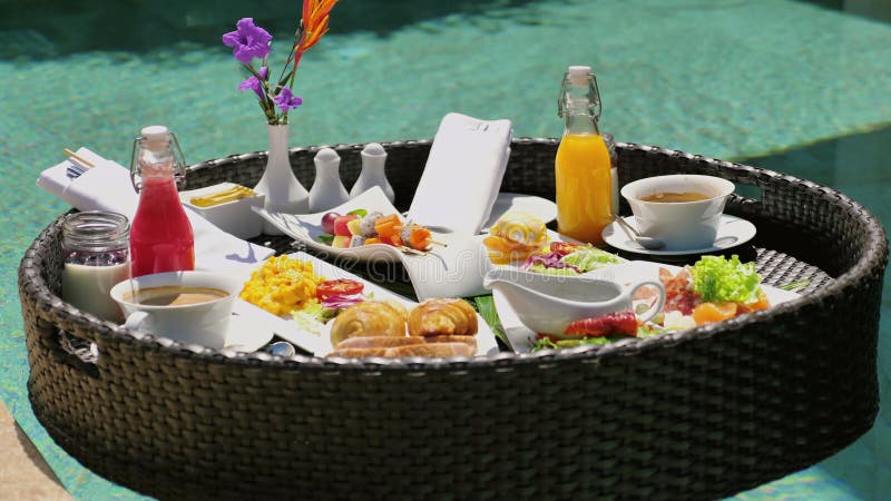 Luxurious Floating Breakfast Tray in Swimming Stock Footage - Video of ...