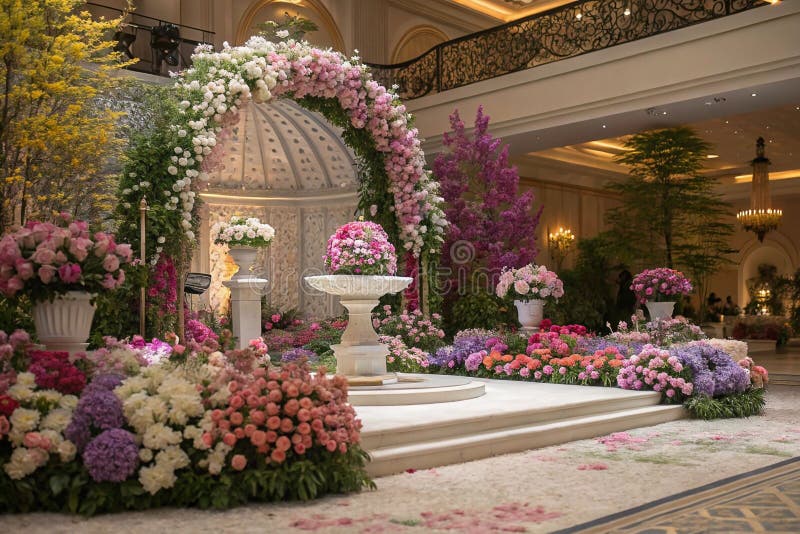 Luxurious Floral Display in Grand Hotel Lobby Stock Illustration ...