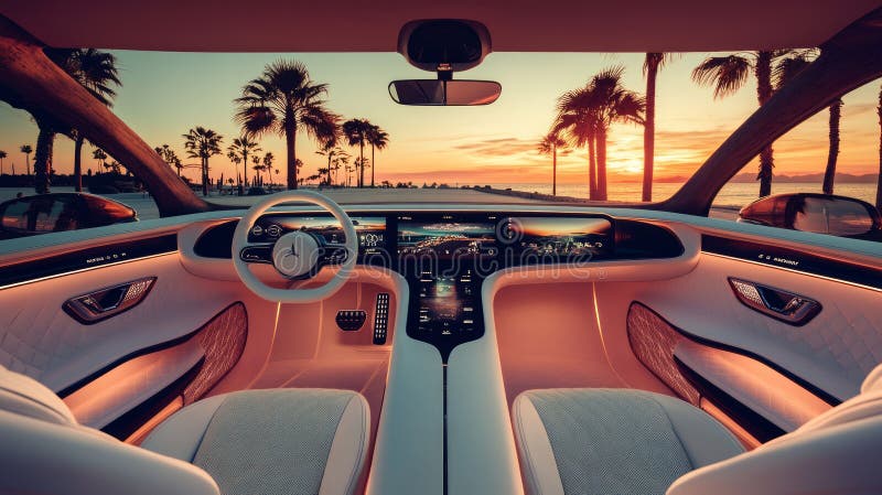 A Luxurious Futuristic Driverless Car Interior in a Serene Morning ...