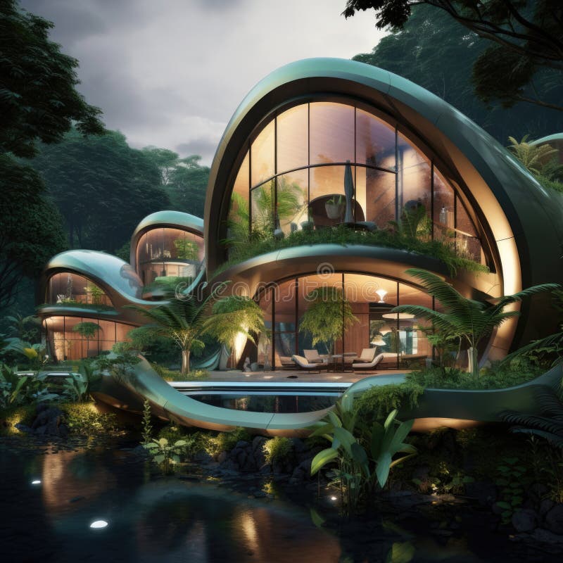 Luxurious Futuristic House Built in Tropical Forest Stock Illustration ...