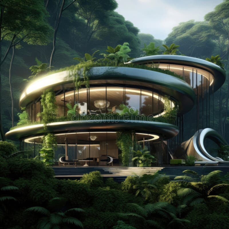 Luxurious Futuristic House Built in Tropical Forest Stock Illustration ...