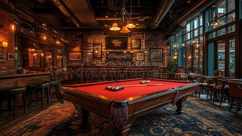 Luxurious Game Room with a Pool Table, Bar, and Vintage Decor Stock ...