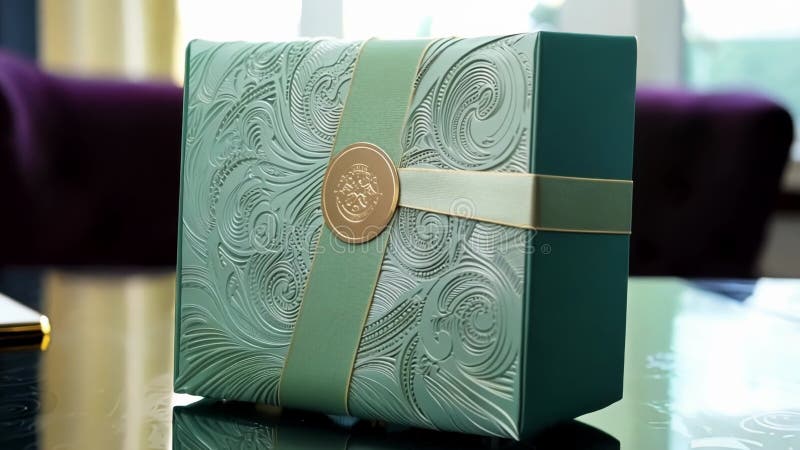 Elegant Green Gift Box Embossed with Gold Foil Stamp Sitting on Table ...