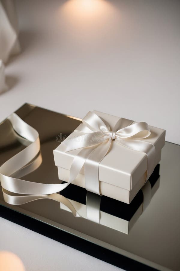 Luxurious Gift Box with Satin Ribbon on Mirrored Surface for Elegant ...