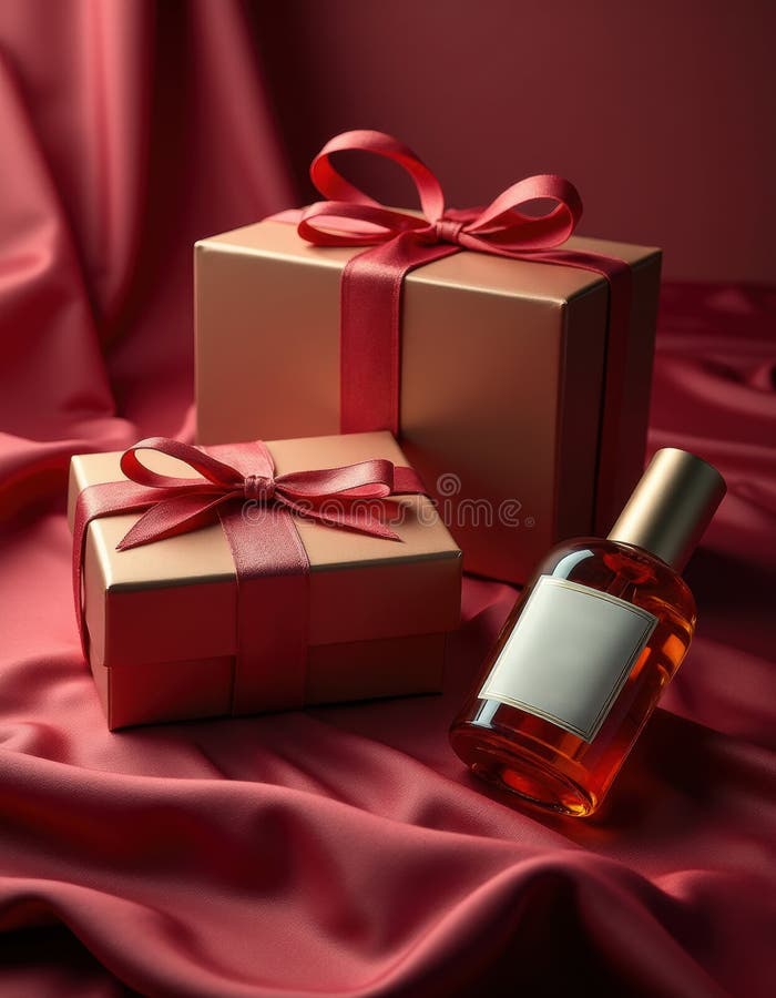 Luxurious Gift Set with Perfume on Red Silk Stock Illustration ...