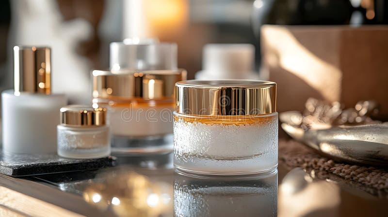 Luxurious Glass Cosmetic Jars with Golden Lids on Reflective Surface ...