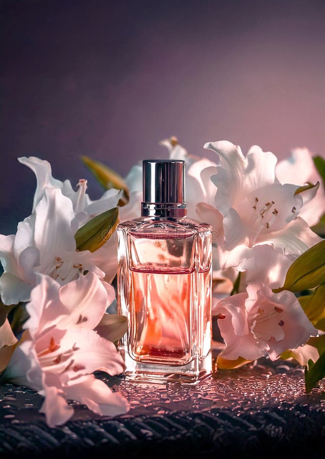 A Luxurious Glass Perfume Bottle Surrounded by Flowers Stock Photo ...