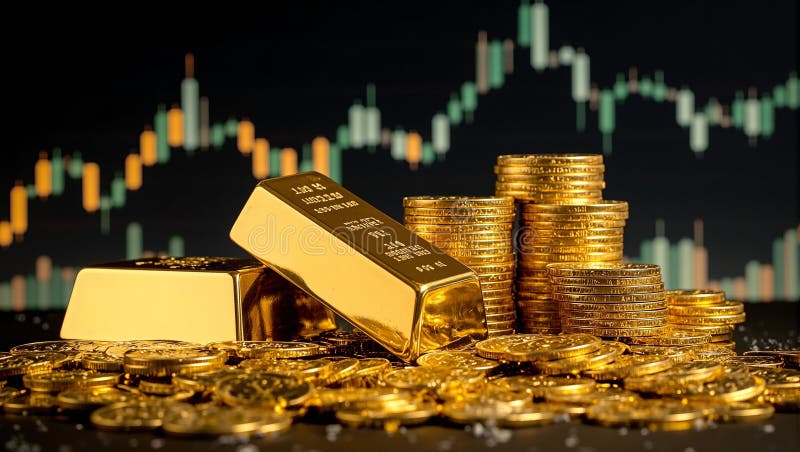 Luxurious Gold Bars and Coins with Glowing Stock Chart Backdrop Stock ...