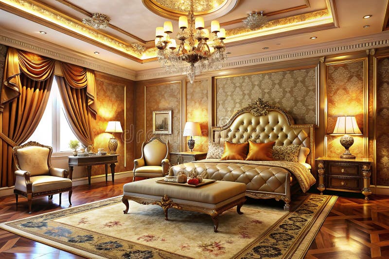 Luxurious Gold Bedroom Interior Design. (2 Stock Illustration ...