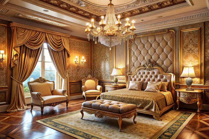 Luxurious Gold and Beige Master Bedroom Interior Stock Illustration ...