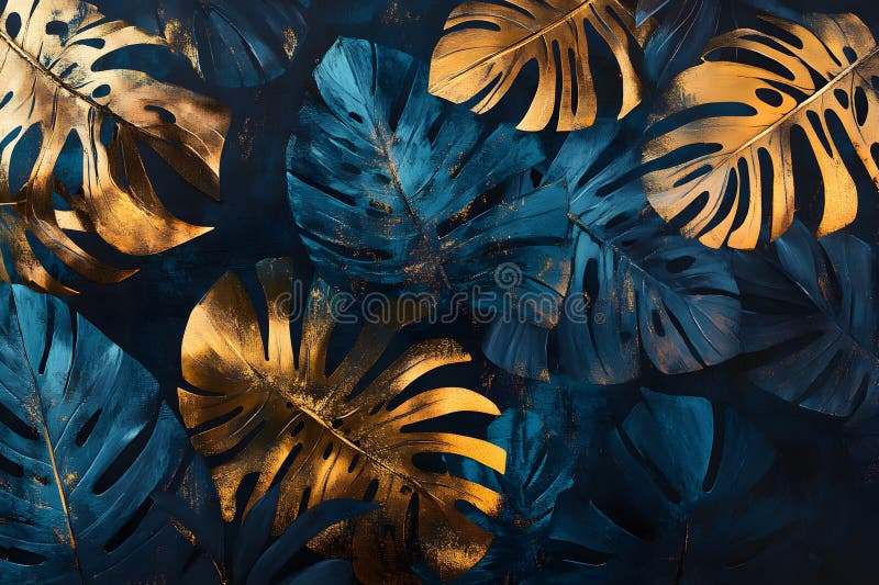 Luxurious Gold and Blue Monstera Leaves Elegant Botanical Pattern for ...