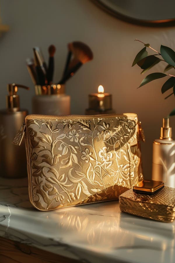 Luxurious Gold Cosmetic Pouch with Embossed Floral Design for Elegant ...