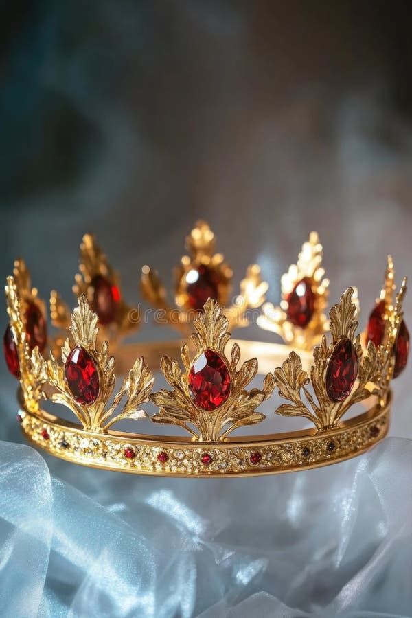 A Luxurious Gold Crown Adorned with Red Gemstones Sitting on a White ...