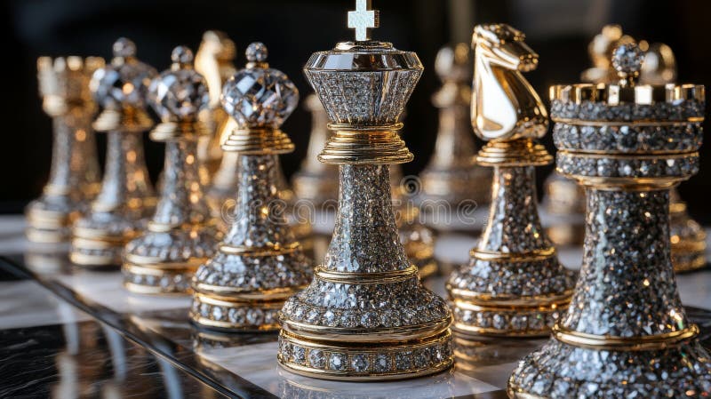 Luxurious Gold and Diamond Chess Pieces on Board Stock Illustration ...