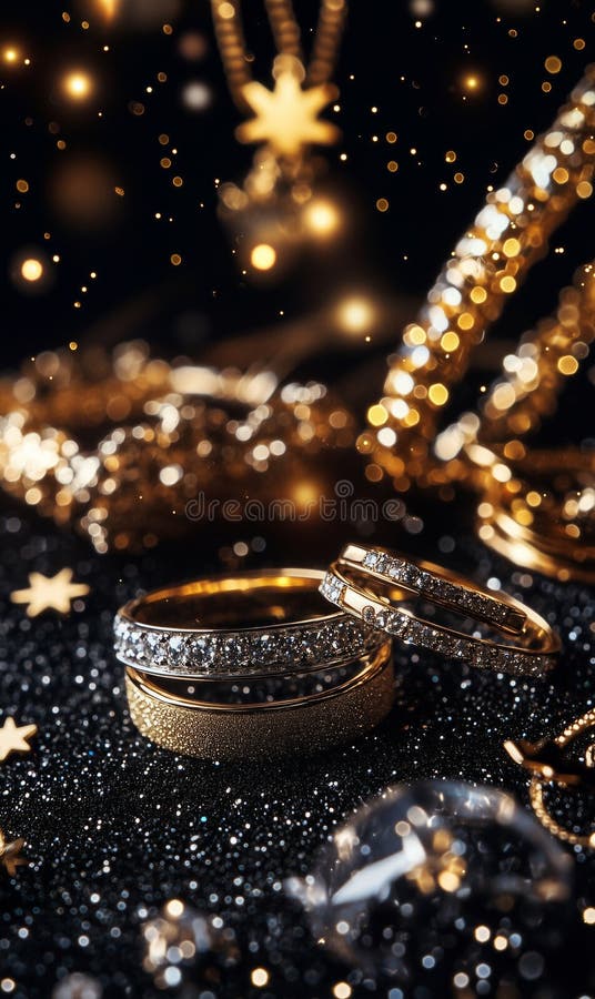 Luxurious Gold and Diamond Rings on Glittering Black Surface with Bokeh ...