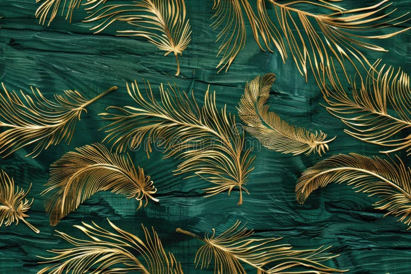 Luxurious Gold Feather Pattern on Emerald Green Texture for Elegant ...