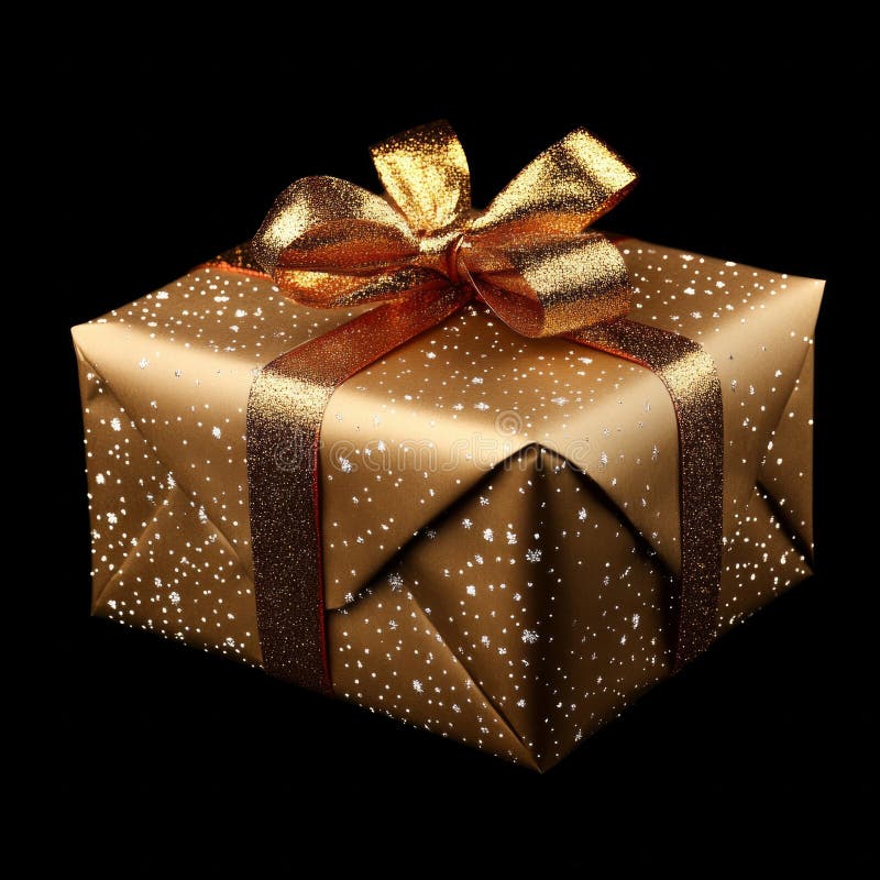 Luxurious Gold Gift Box with Glittering Bow on Black Background Stock ...