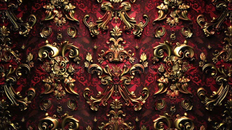 Luxurious Gold and Red Patterned Wallpaper Design Stock Illustration ...